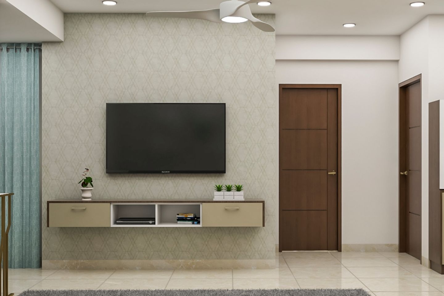 Beige Wall-Mounted Modern TV Unit Design | Livspace
