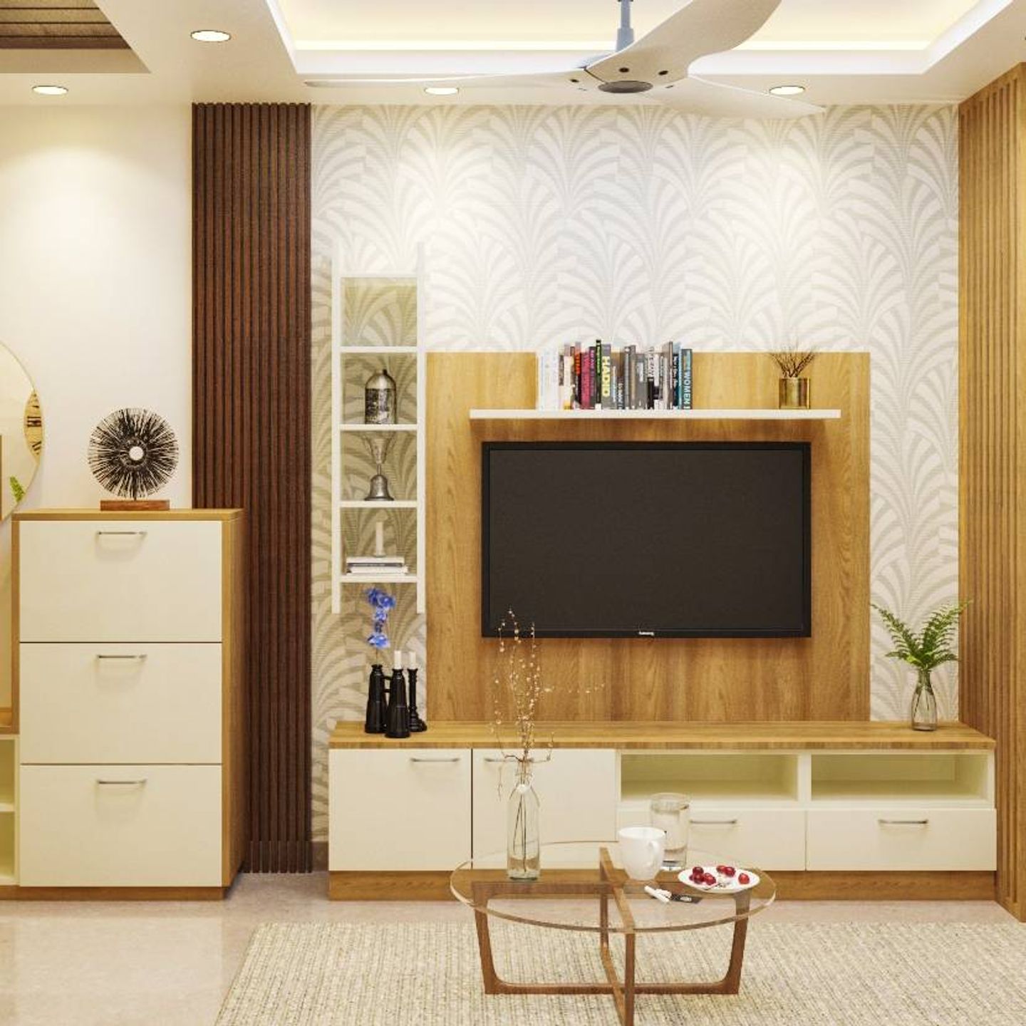 Compact TV Unit Design With Elegant Console And Fluted Panel | Livspace