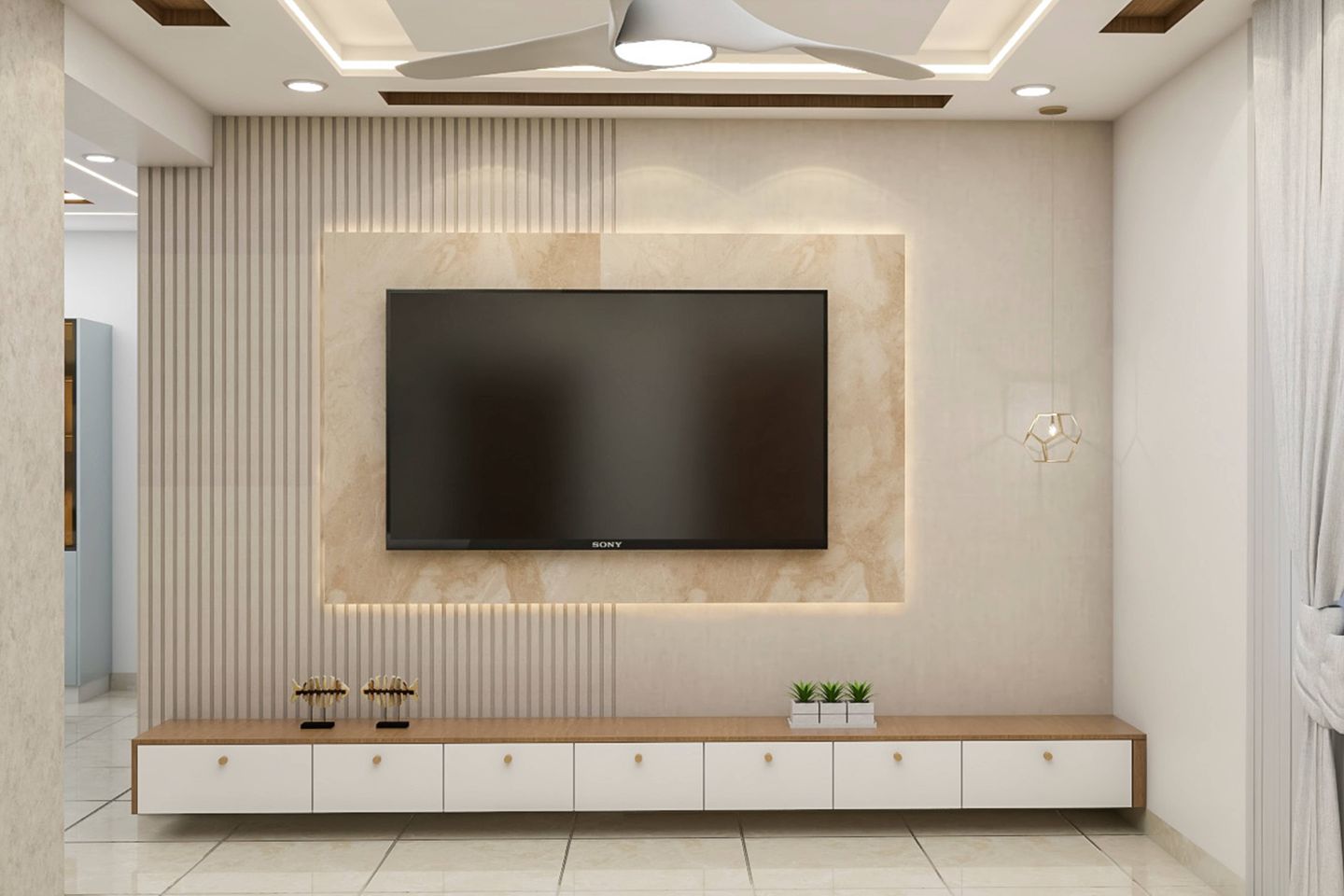Contemporary TV Unit Designed With Beige Finish | Livspace