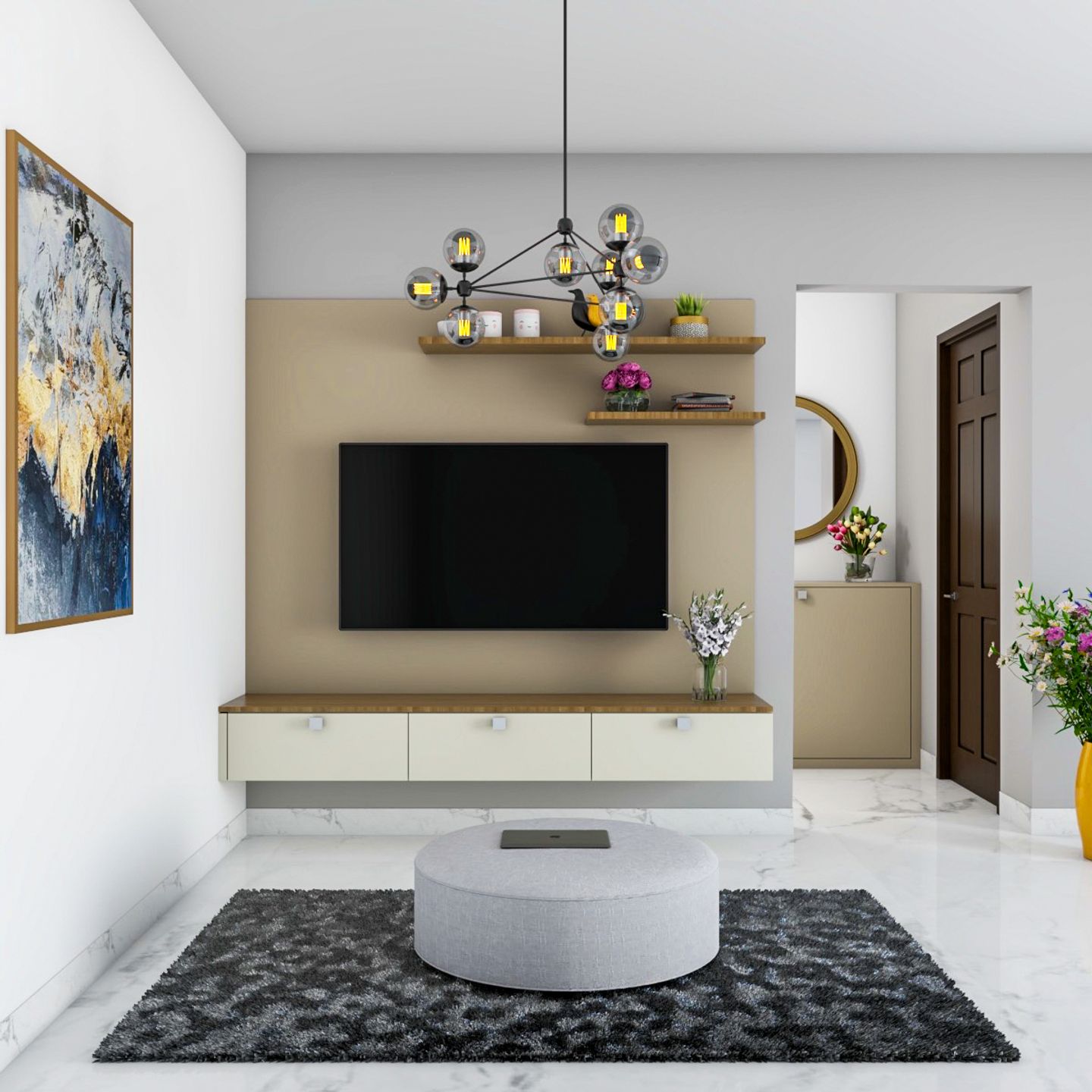 Beige-Toned TV Unit with Hanging Wooden Ledges and Large Pendant Light ...