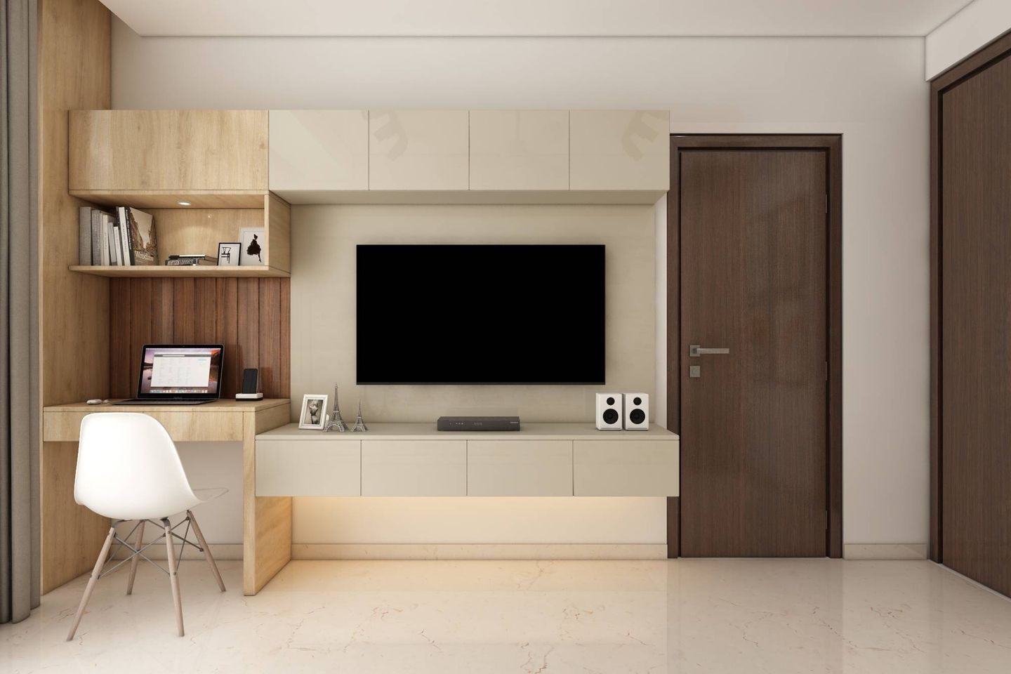Compact Beige Themed TV Unit Design With Study Desk | Livspace