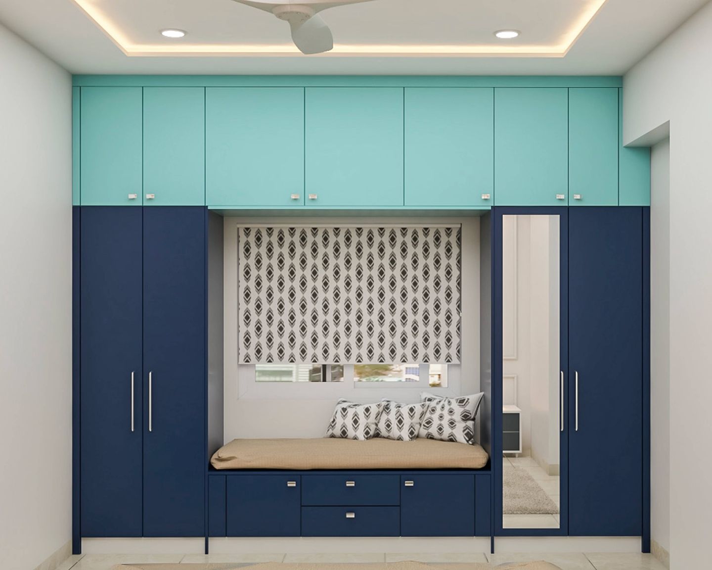 Wardrobe Design With Dual Shades Of Blue And Storage Seater | Livspace