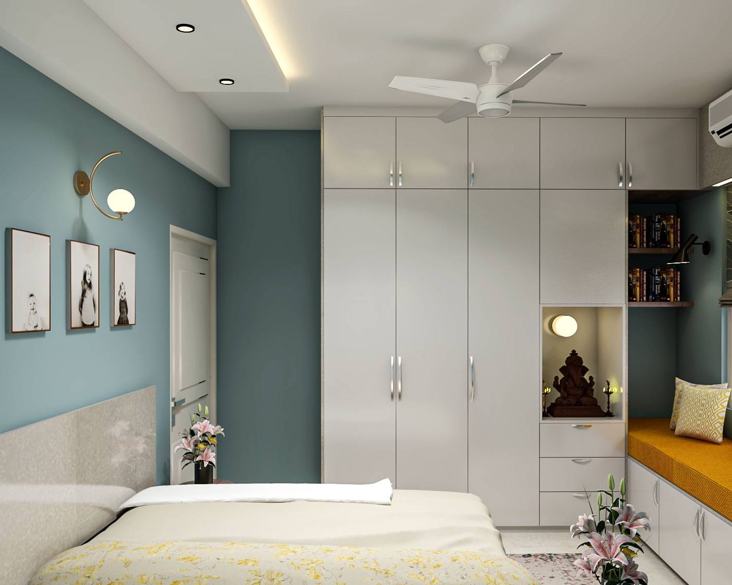 Spacious White Wardrobe Design With Pooja Unit | Livspace
