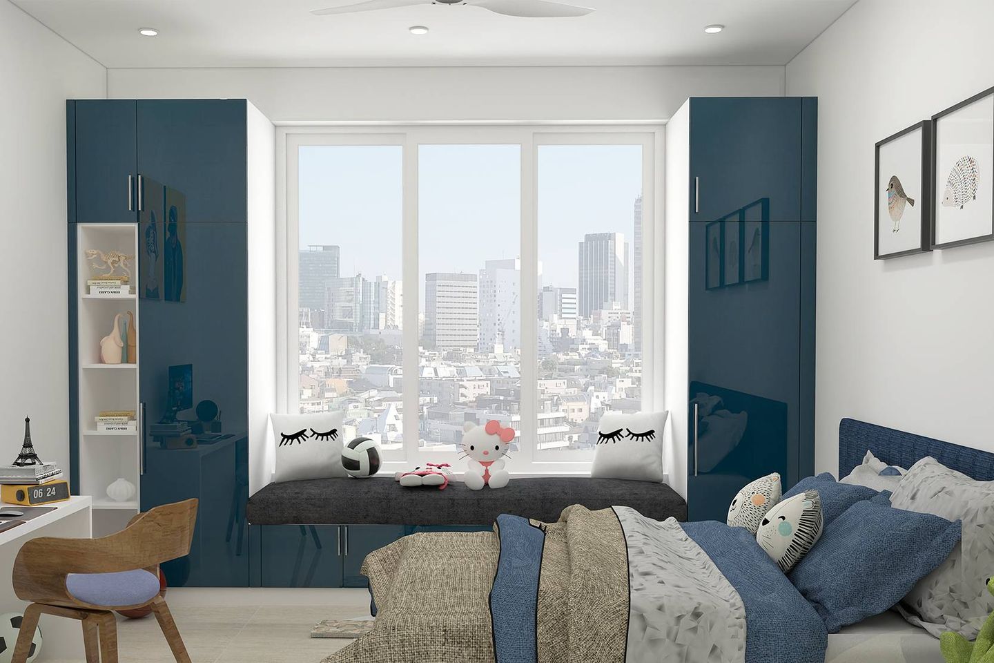 Modern Blue Themed Wardrobe With Open Shelf | Livspace