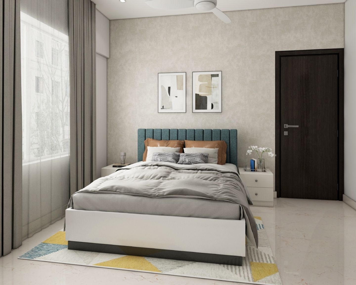 Neutral-Toned Guest Room Design With Multicoloured Rug - 13x13 Ft ...