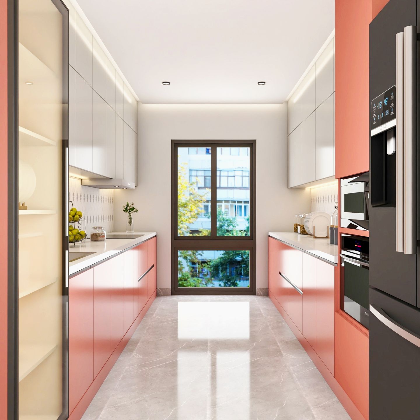 Modular Parallel Kitchen Design With Peach-Toned And White Cabinets ...