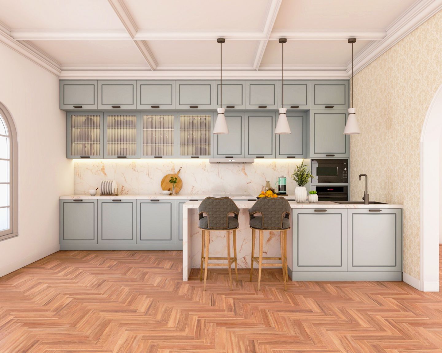 Peninsula Modular Kitchen Design With Cianite Cabinets And Herringbone ...
