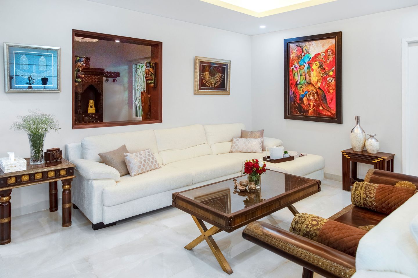 Living Room Design With White L-Shaped Sofa And Wooden Seater - 8x8 Ft ...