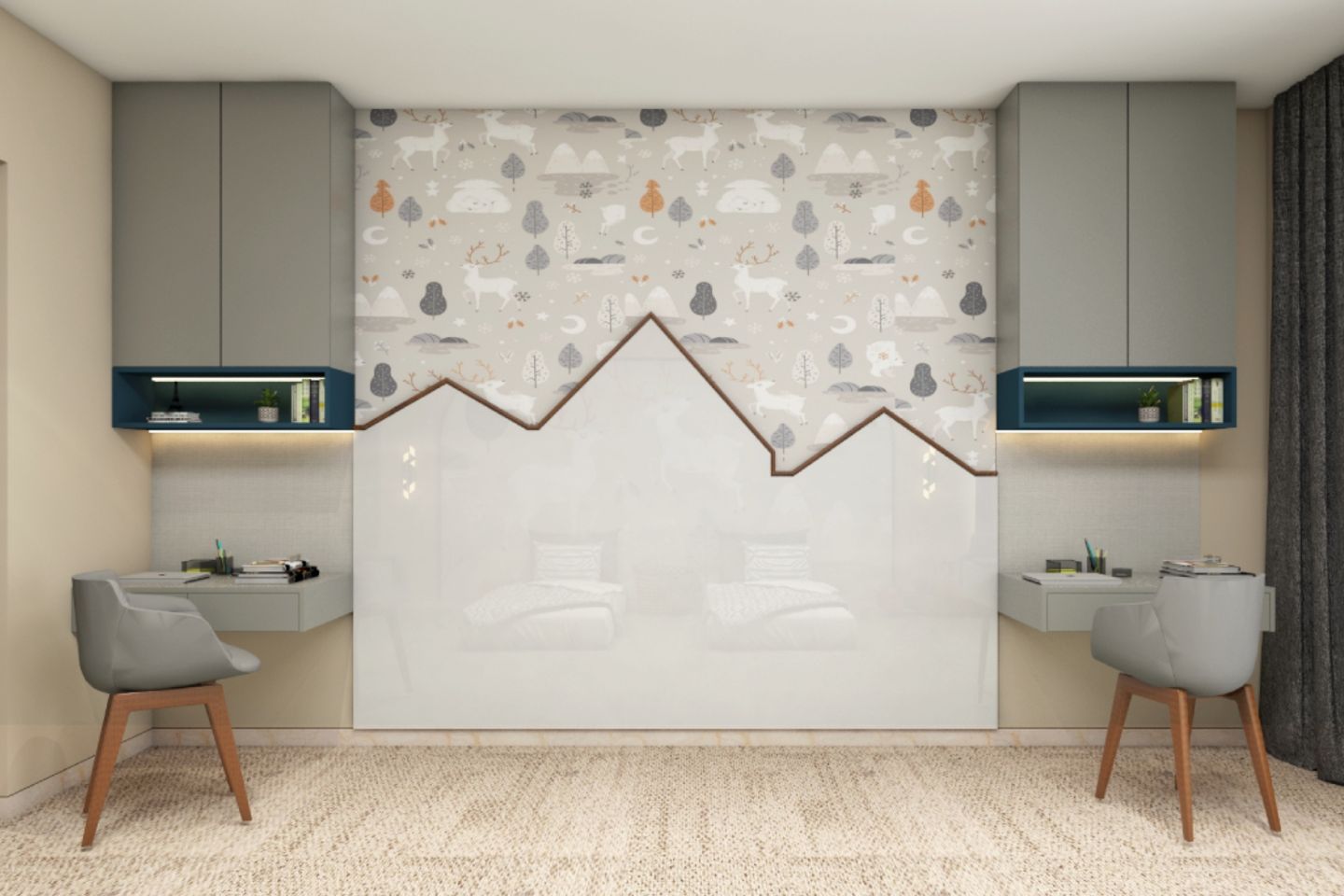 Contemporary Grey And Blue Study Room Design For Two | Livspace