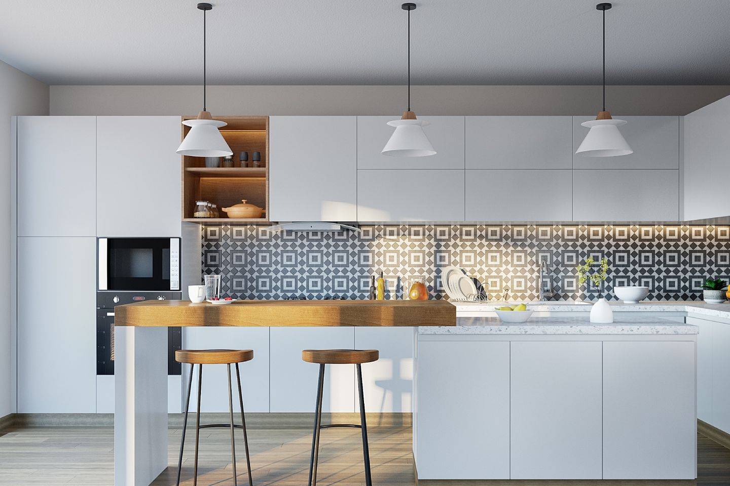 Grey And White Square Grid Island Kitchen Tile Design - 200x200 mm ...