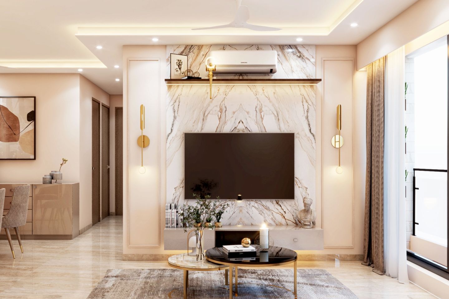 Smoke Grey TV Unit Design With Marble Accent Wall - 12x11 Ft | Livspace