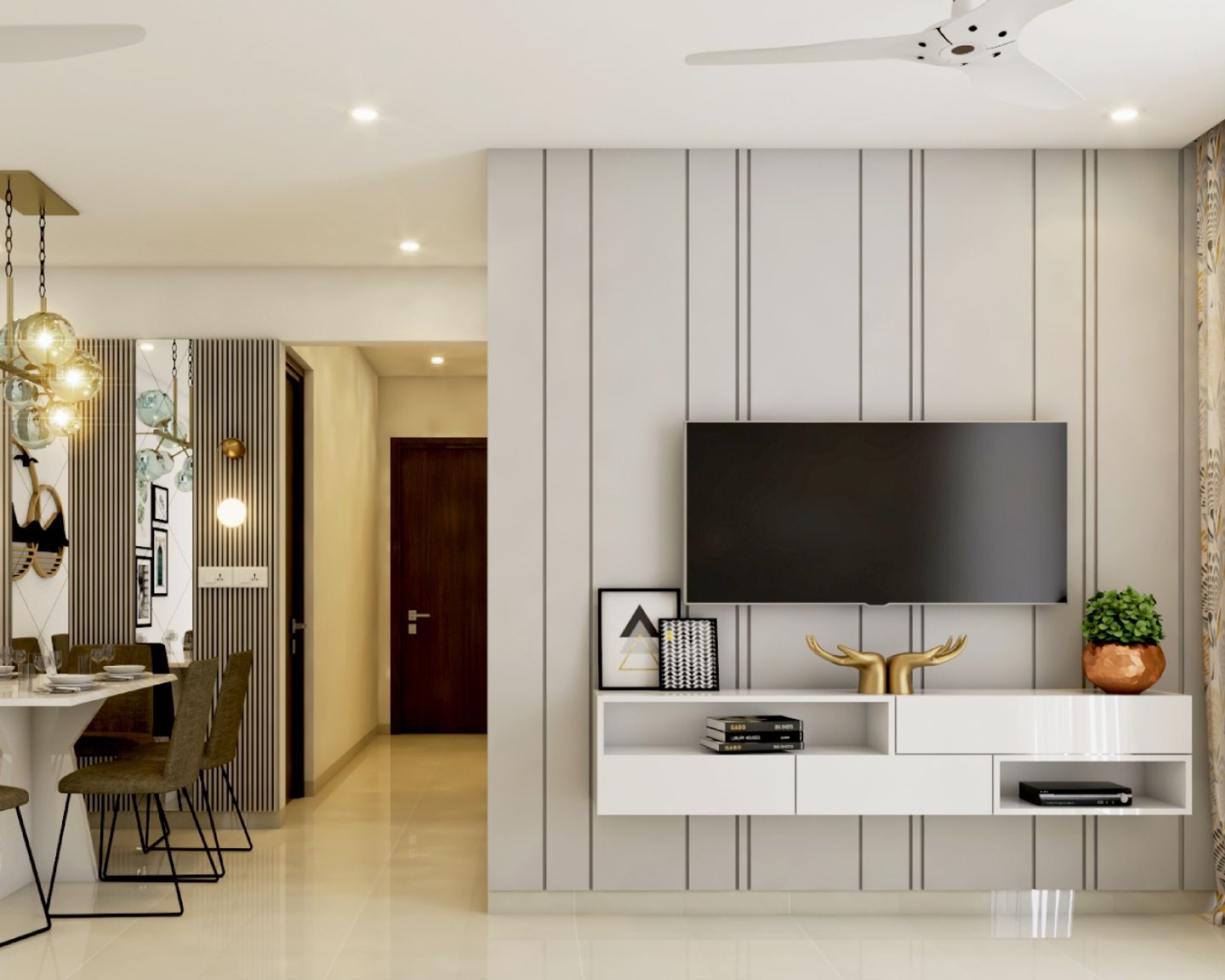 Contemporary Frosty White Wall Mount TV Unit Design with Open Racks and Drawer Storage - 10x10 ...