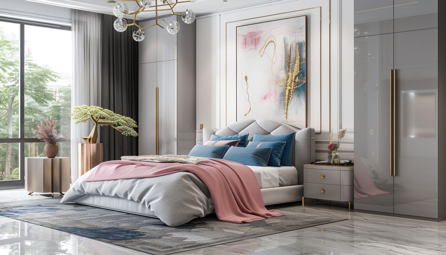 Modern Master Bedroom Design: King Bed with Grey Headboard and Golden ...
