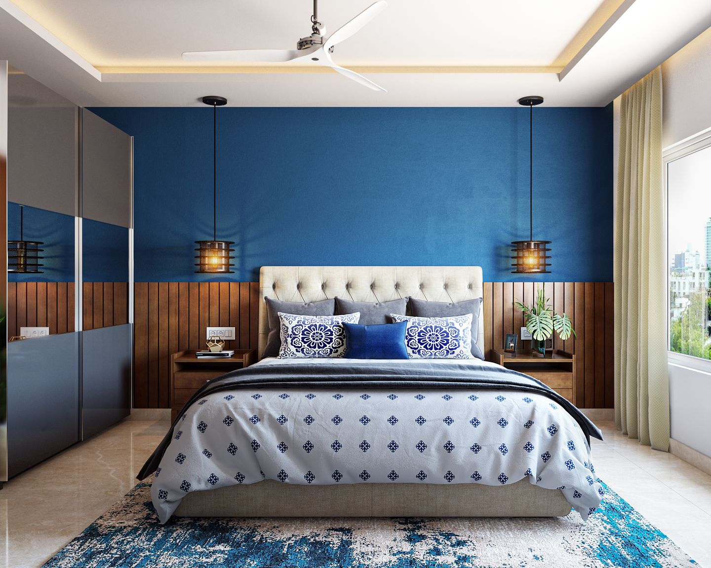 Modern Blue Bedroom Design With Wooden Reapers | Livspace