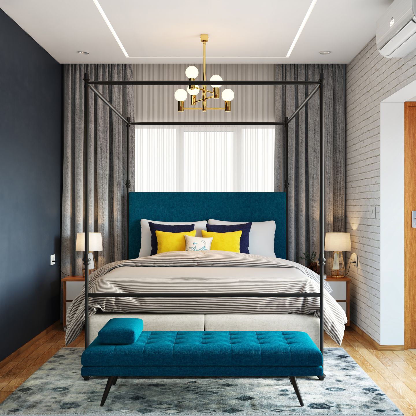Modern Poster Bedroom Design With Dark Blue Accent Wall | Livspace