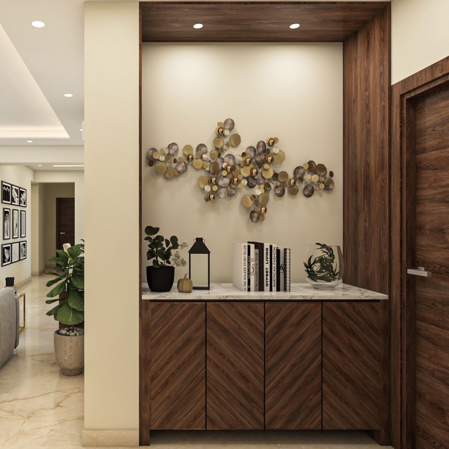 Modern Foyer with Artistic Wall Piece and Marble Slab | Livspace