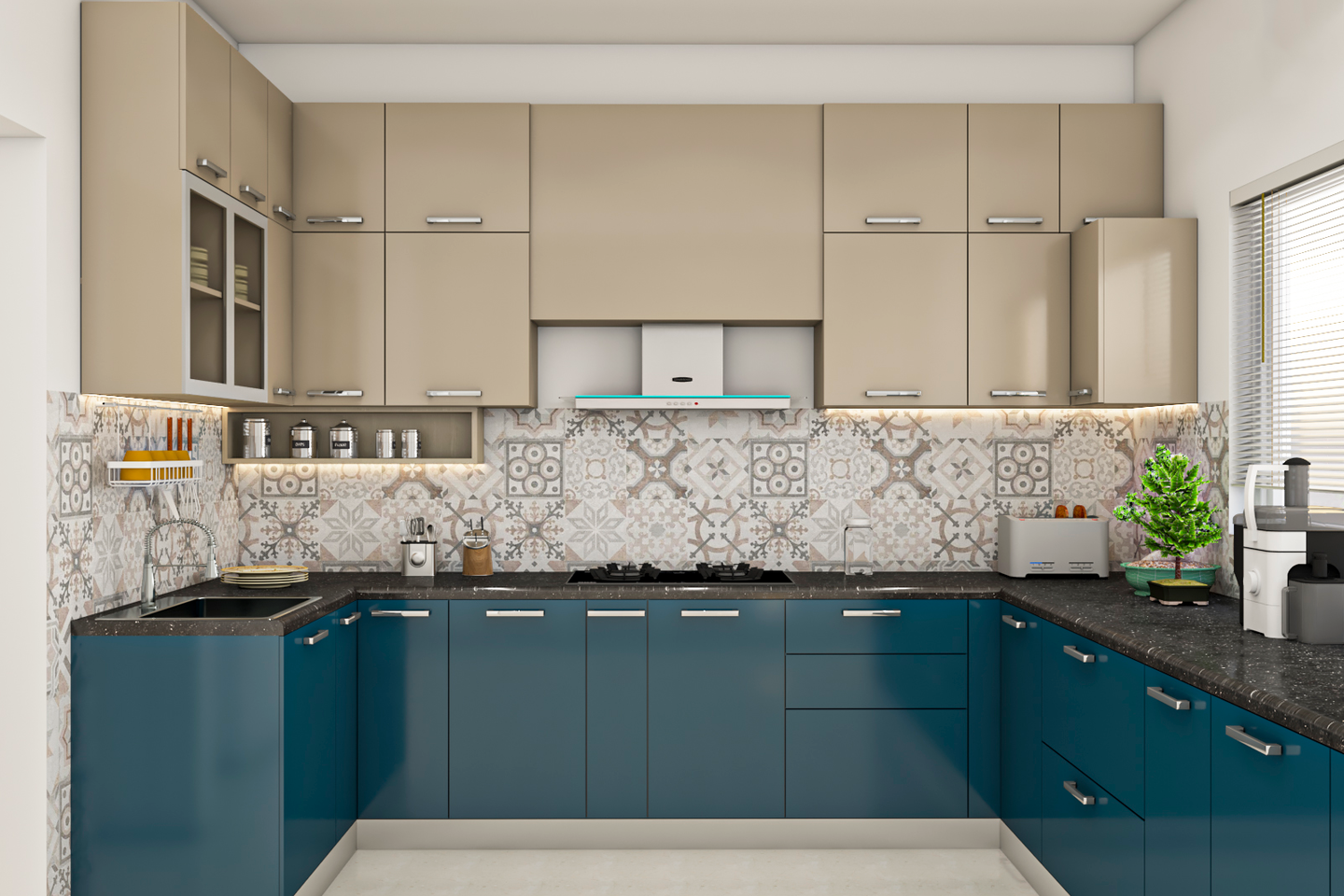 Contemporary Blue U-Shaped Modular Kitchen Design | Livspace