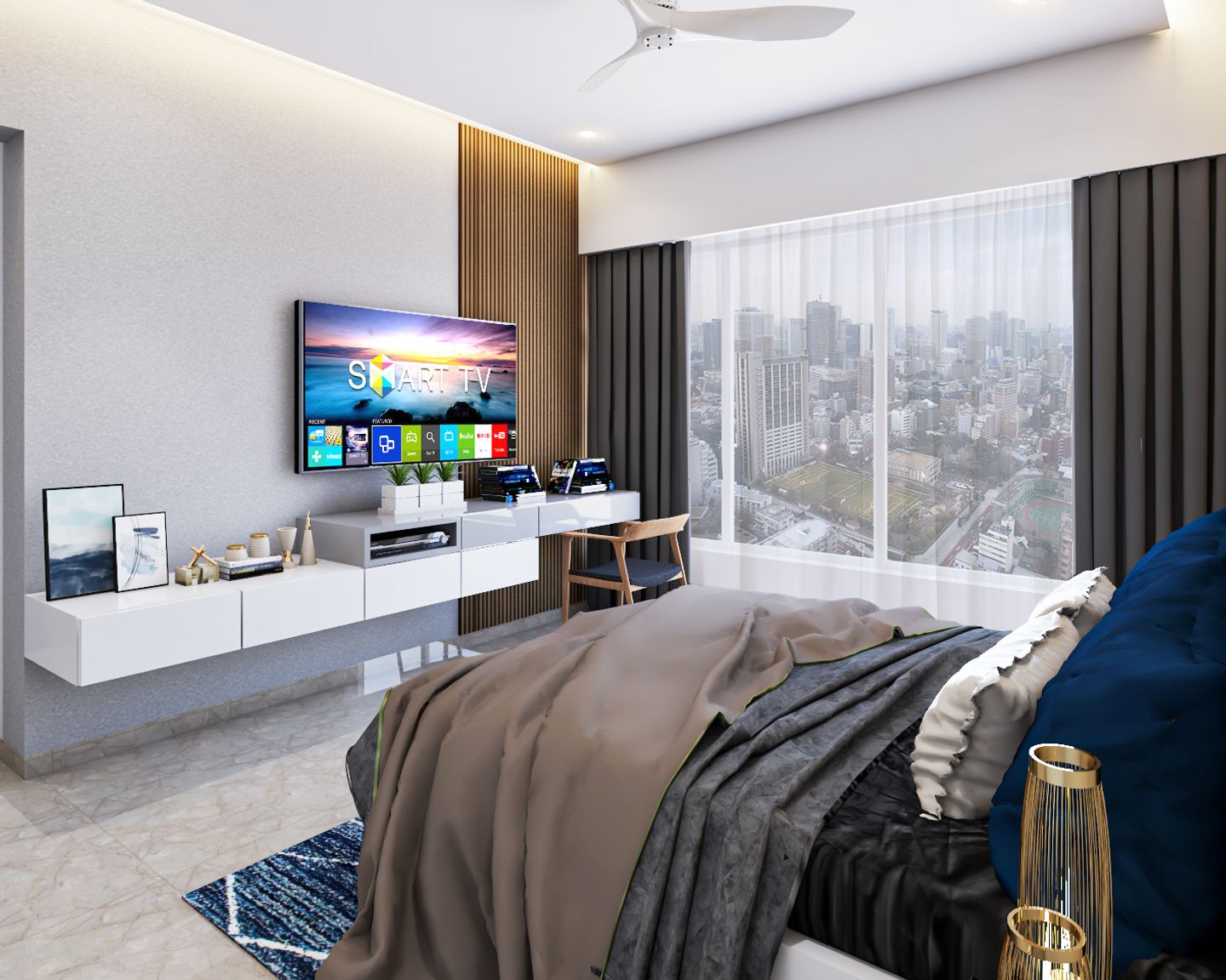 Spacious Blue And White Master Bedrom With Wall Design | Livspace