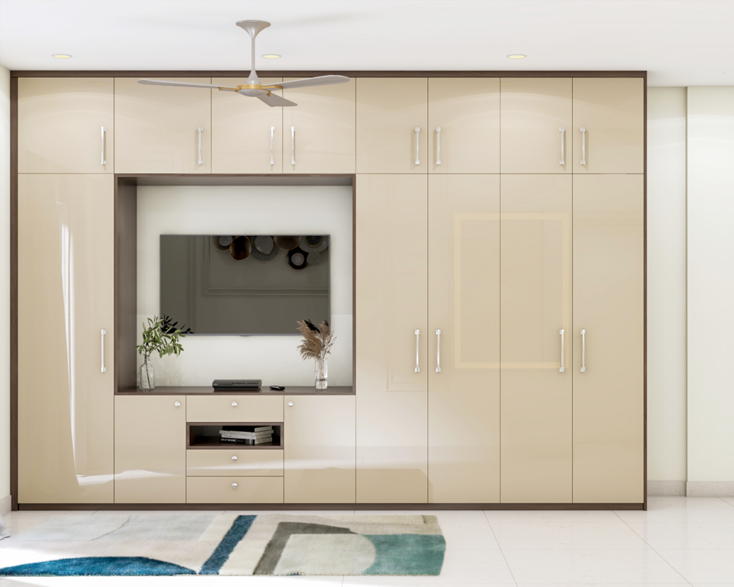 Straight Hinged Modern Wardrobe Design with Loft and Media Section ...