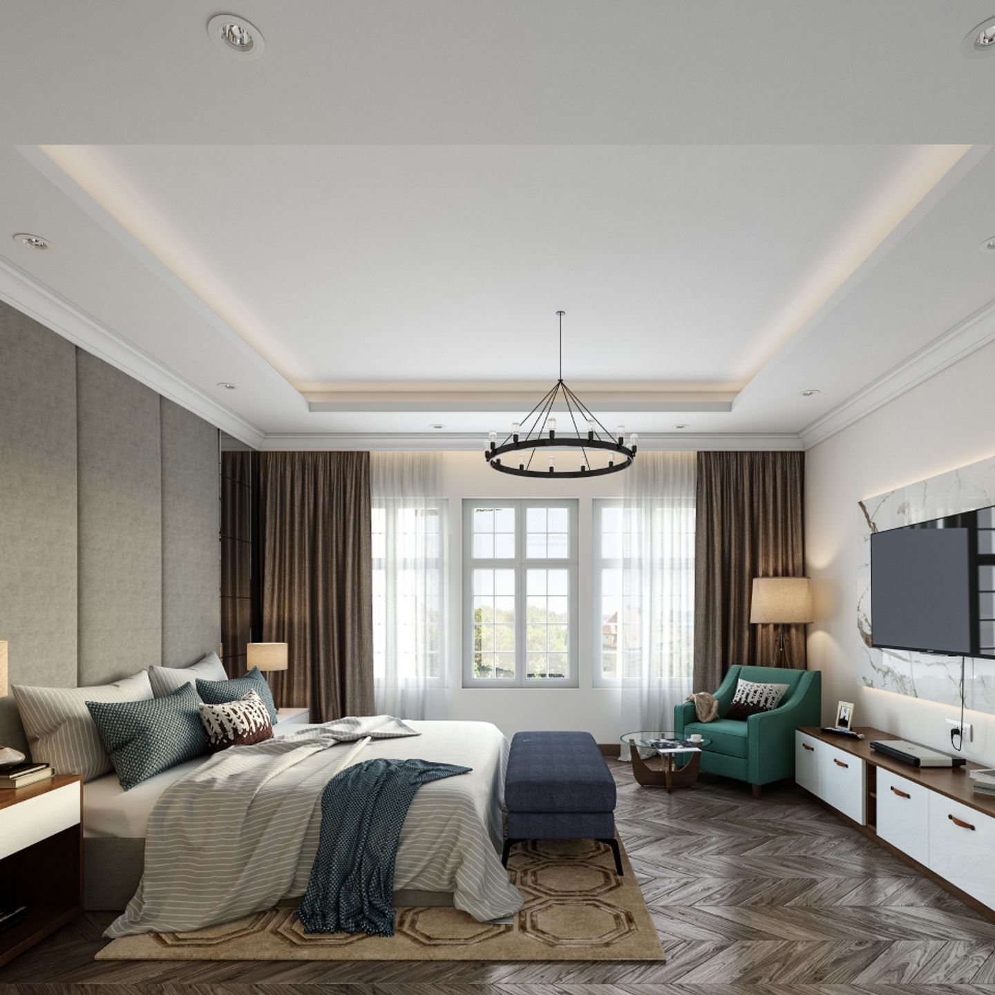 Modern Rectangular False Ceiling With A Chandelier | Livspace