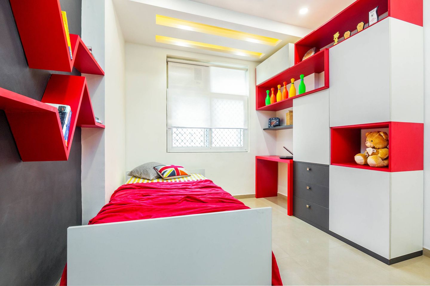White And Red Compact Kid's Room Design | Livspace
