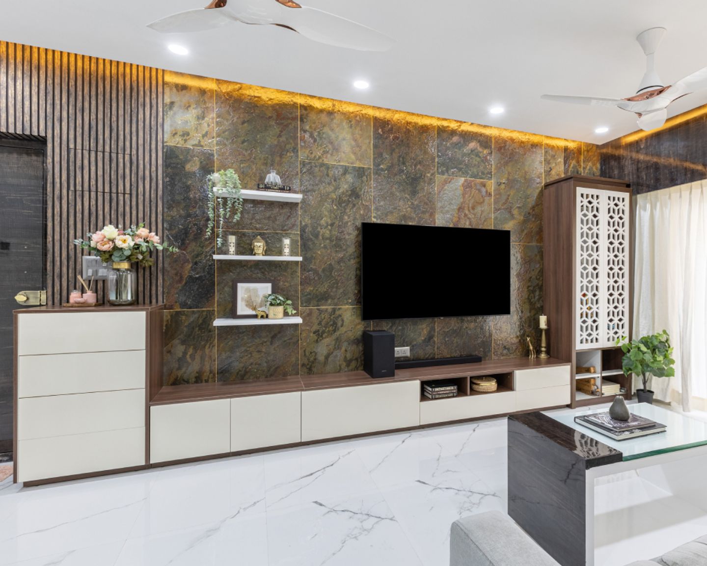 Spacious TV Unit Design With Walnut Bronze Wall Unit | Livspace