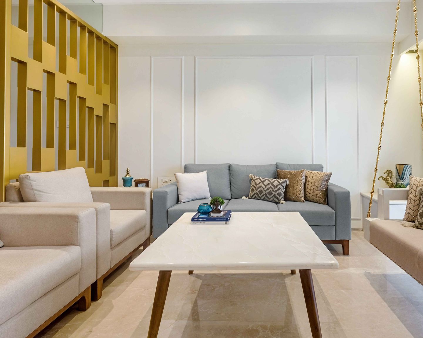 Living Room Wall Design With White Trims | Livspace