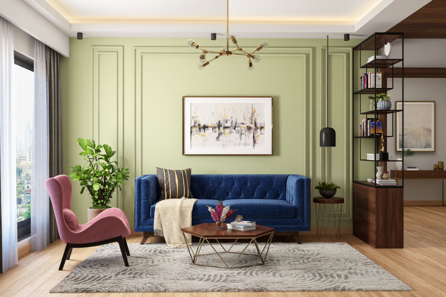 Contemporary Green Wall Paint Design With Trims | Livspace