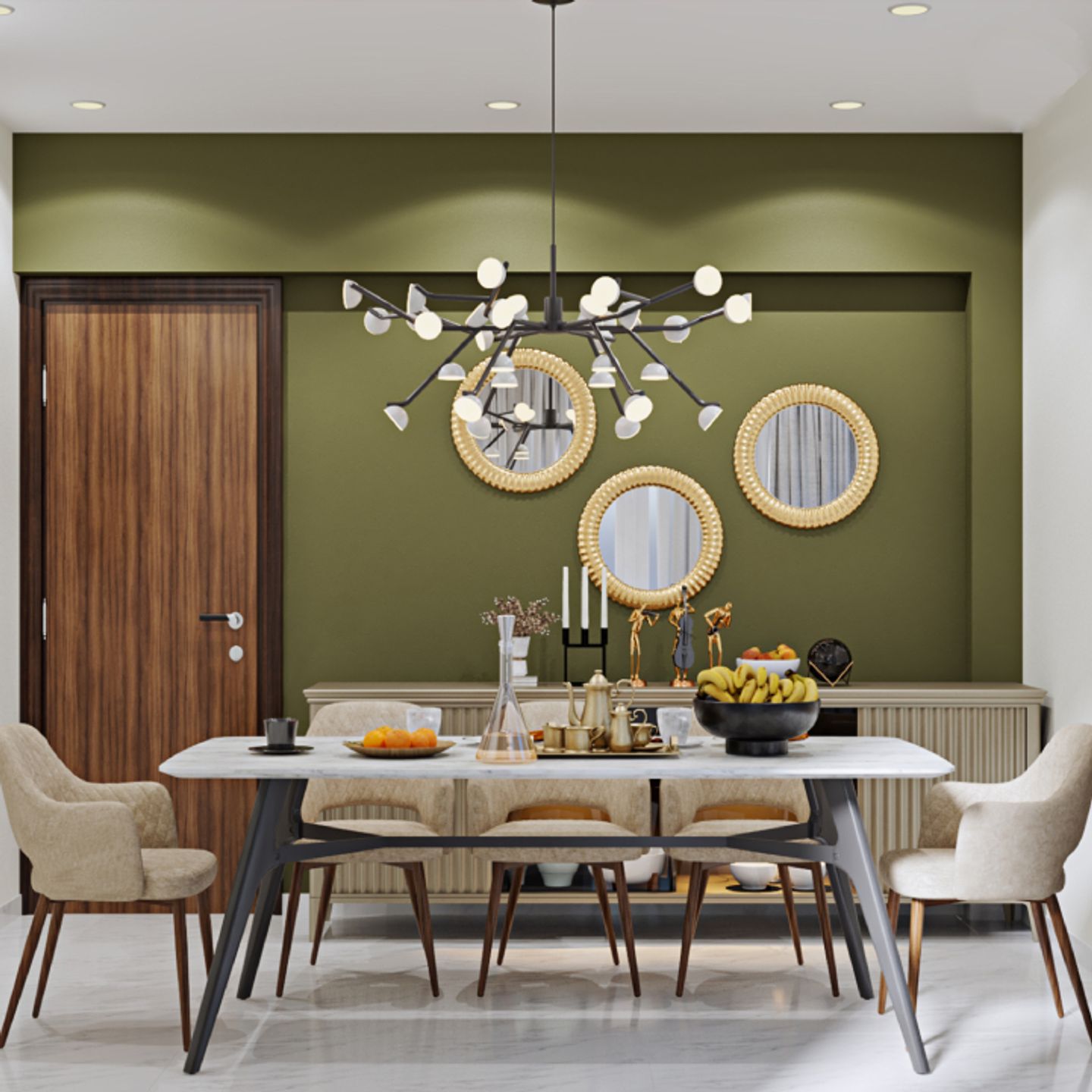 Contemporary Green Wall Paint Design With A Golden Mirror | Livspace