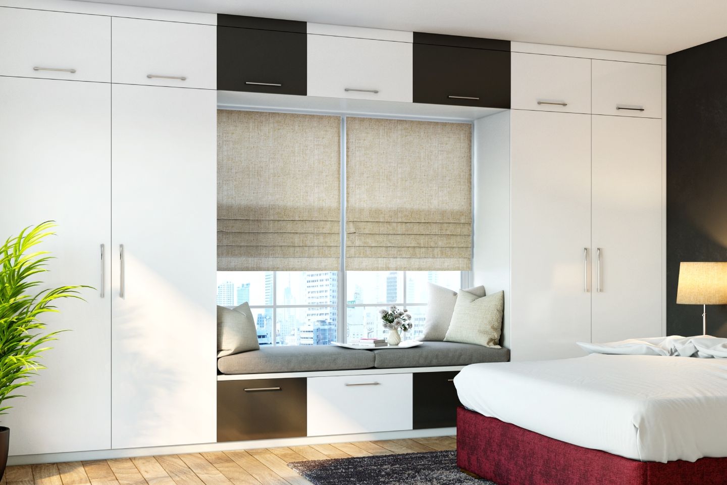 Frosty White And Gothic Grey 4-Door Swing Wardrobe Design With Window ...