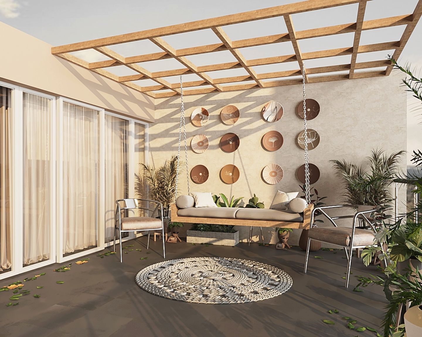 Spacious Balcony Design With Wooden Pergola And Beige Patterned Wall ...