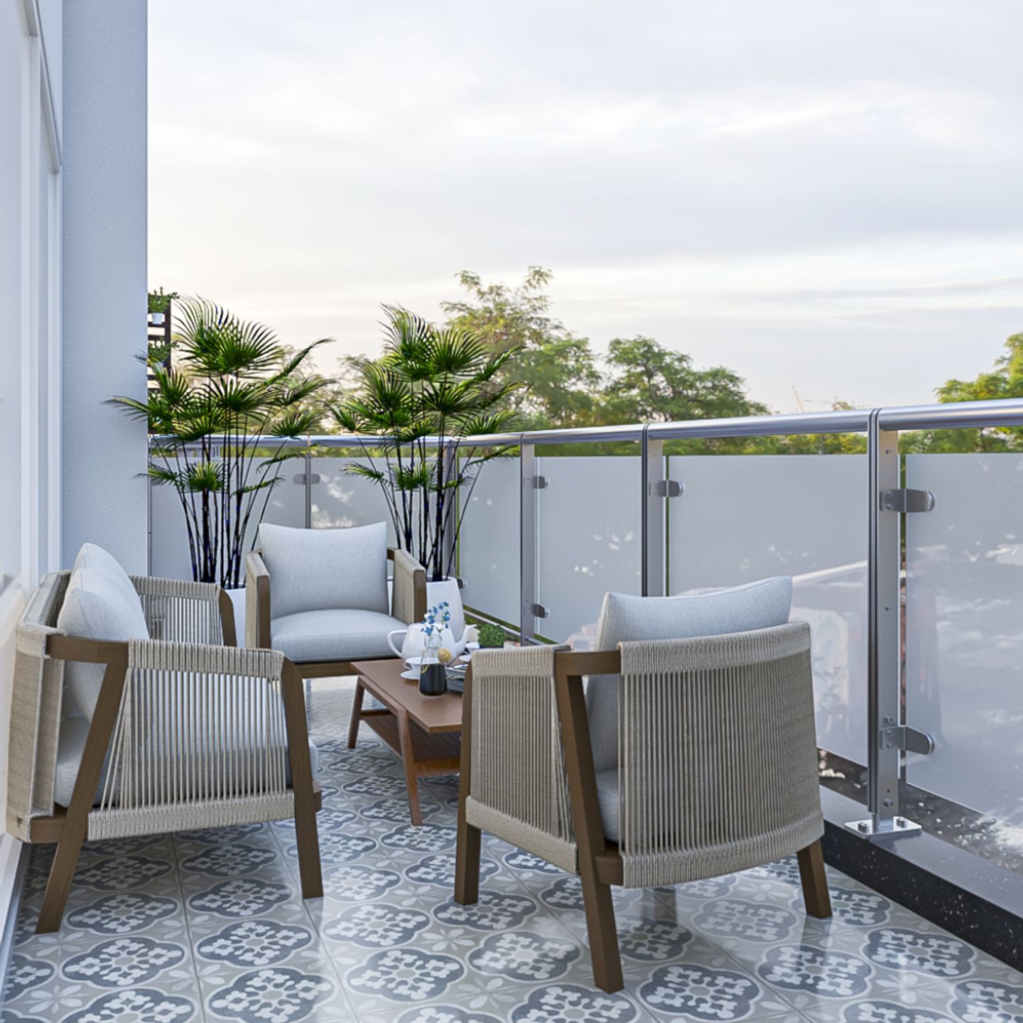 Balcony Design With Three Grey And Rattan Chairs With Moroccan-Styled ...