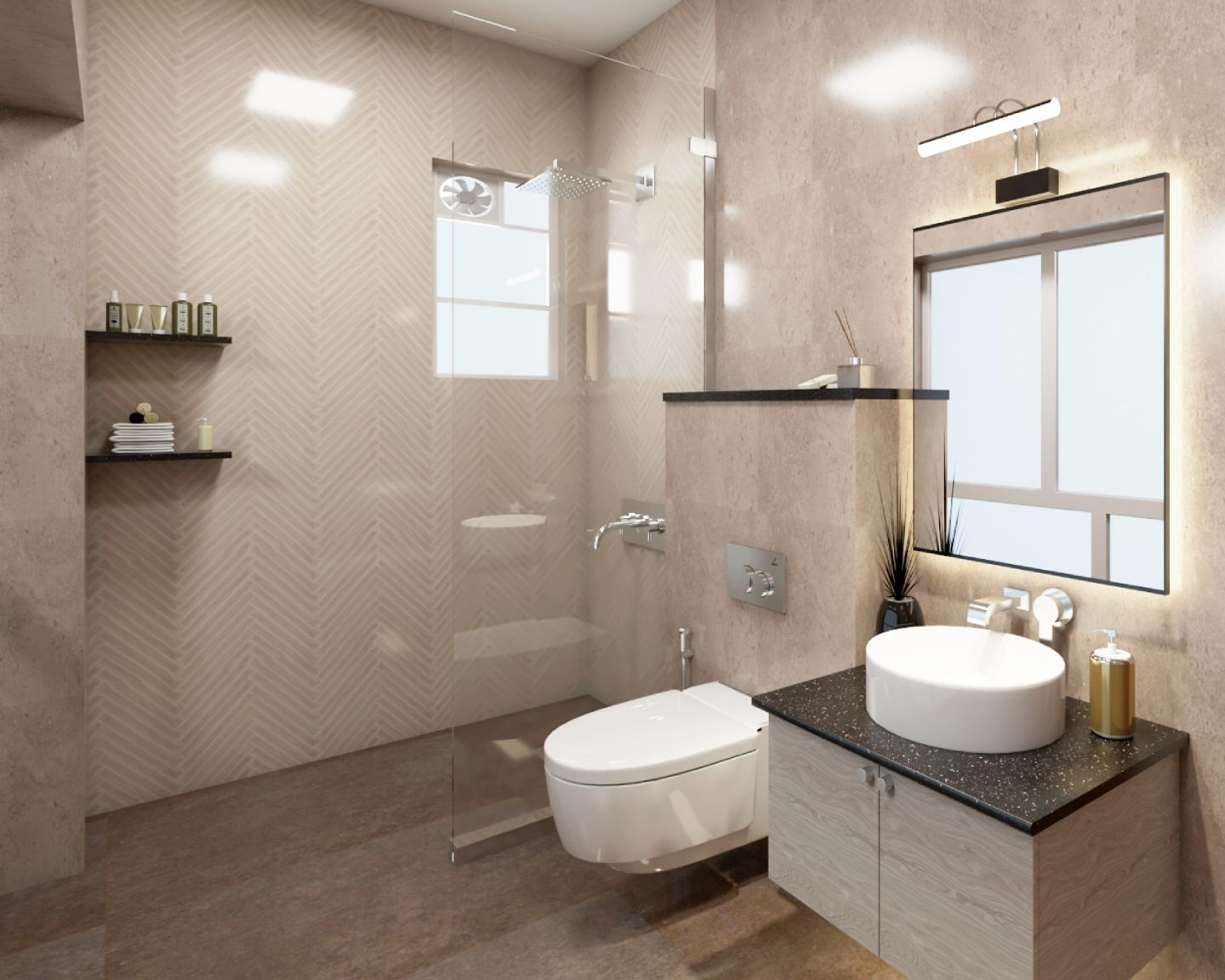 Beige And Brown Small Bathroom Ideas With Wooden Cabinets And Herringbone Wall Design | Livspace