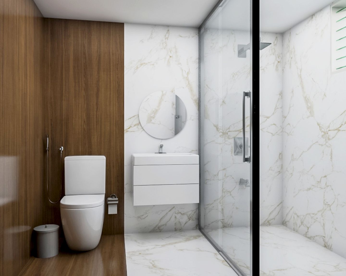 Dual-Toned White Marble And Wood Small Bathroom Design | Livspace