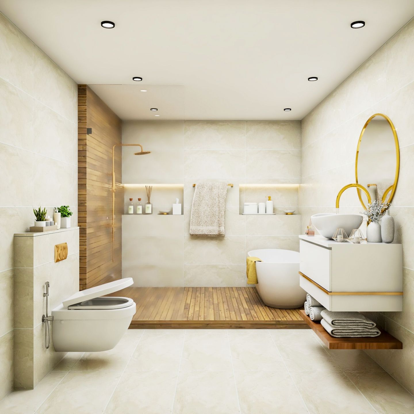 Beige Spacious Bathroom Design With Wooden Floor-To-Wall Panel | Livspace