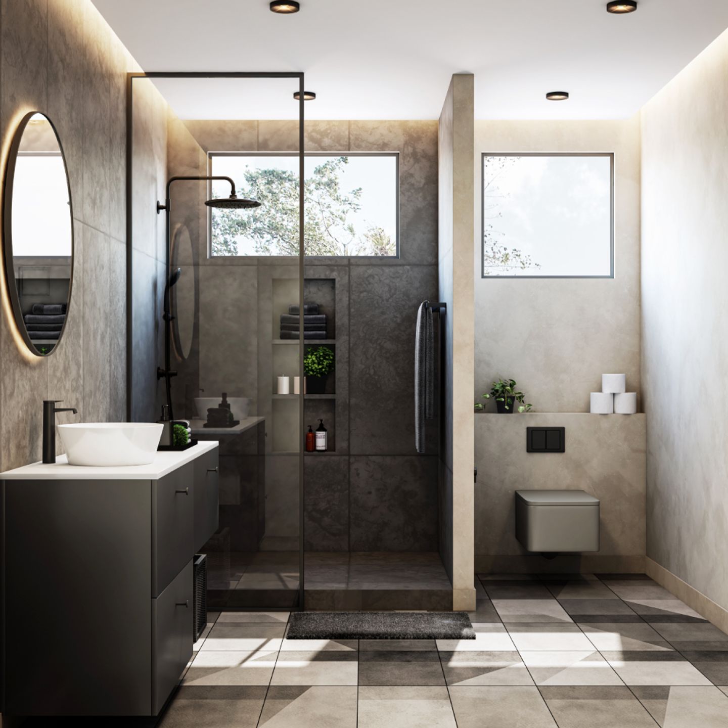 Grey And White Bathroom Design With Black Vanity Unit And Drawer ...