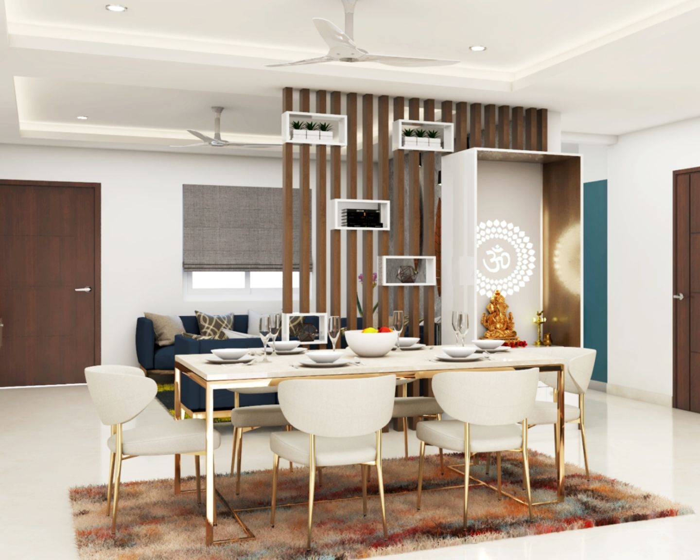 White And Gold 6-Seater Dining Room Design With Mandir Unit And Wood ...