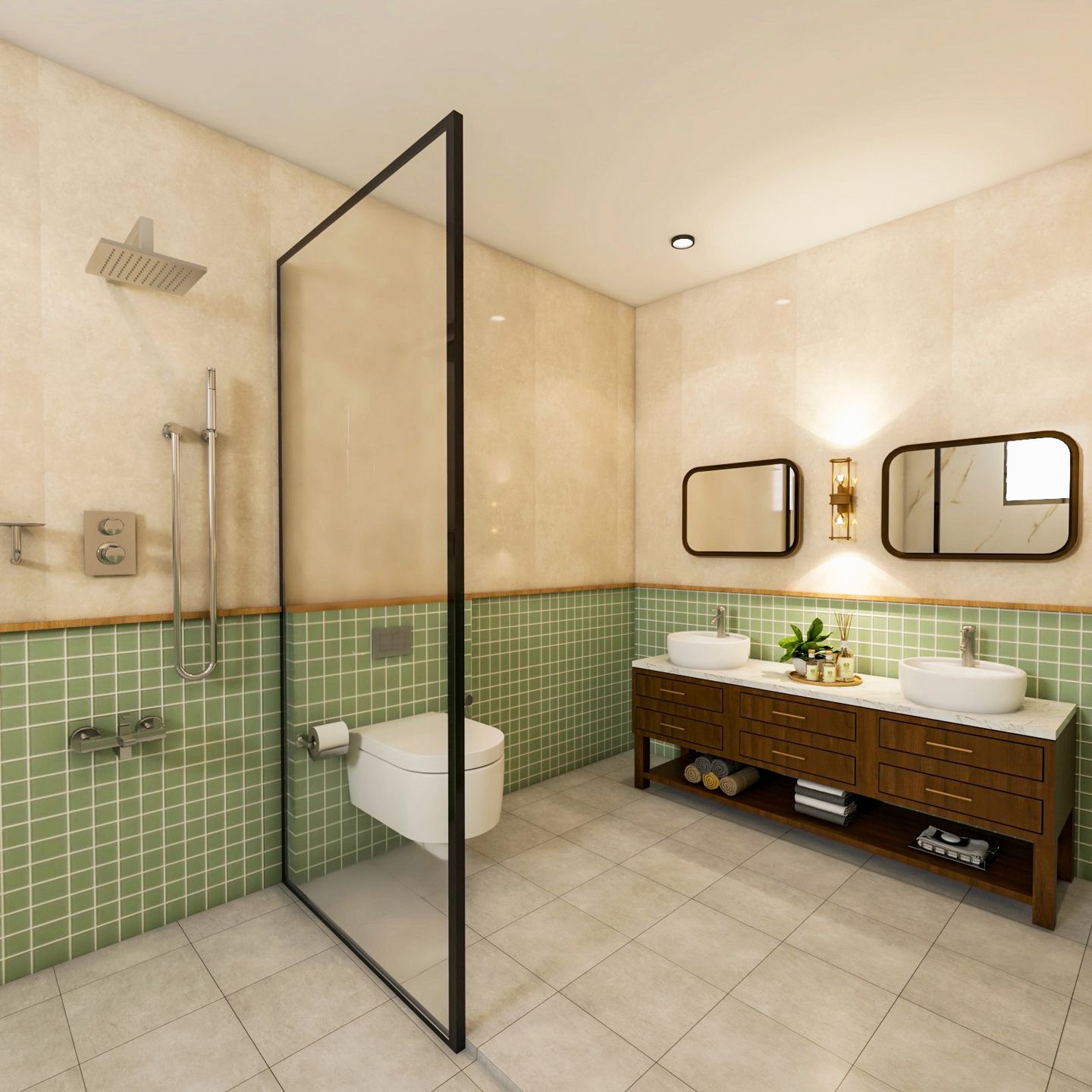 Beige And Green Bathroom Design With White Marble Bathroom Countertop And Rectangular Mirrors ...