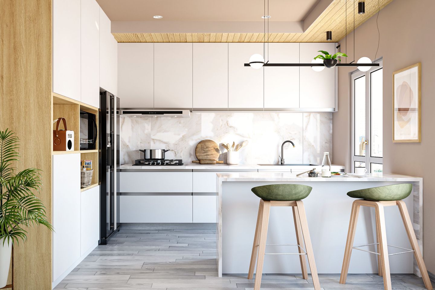 L-Shape Wooden Rafters Kitchen False Ceiling Design | Livspace