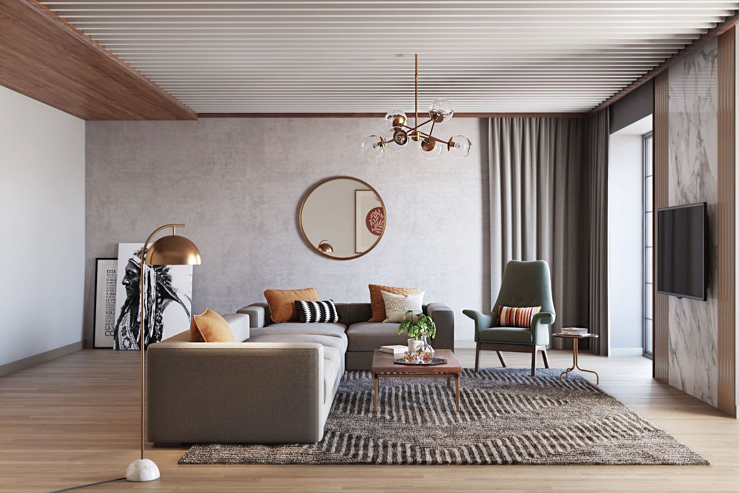 Rectangular POP Design For Hall And Wooden Panel With Chandelier | Livspace