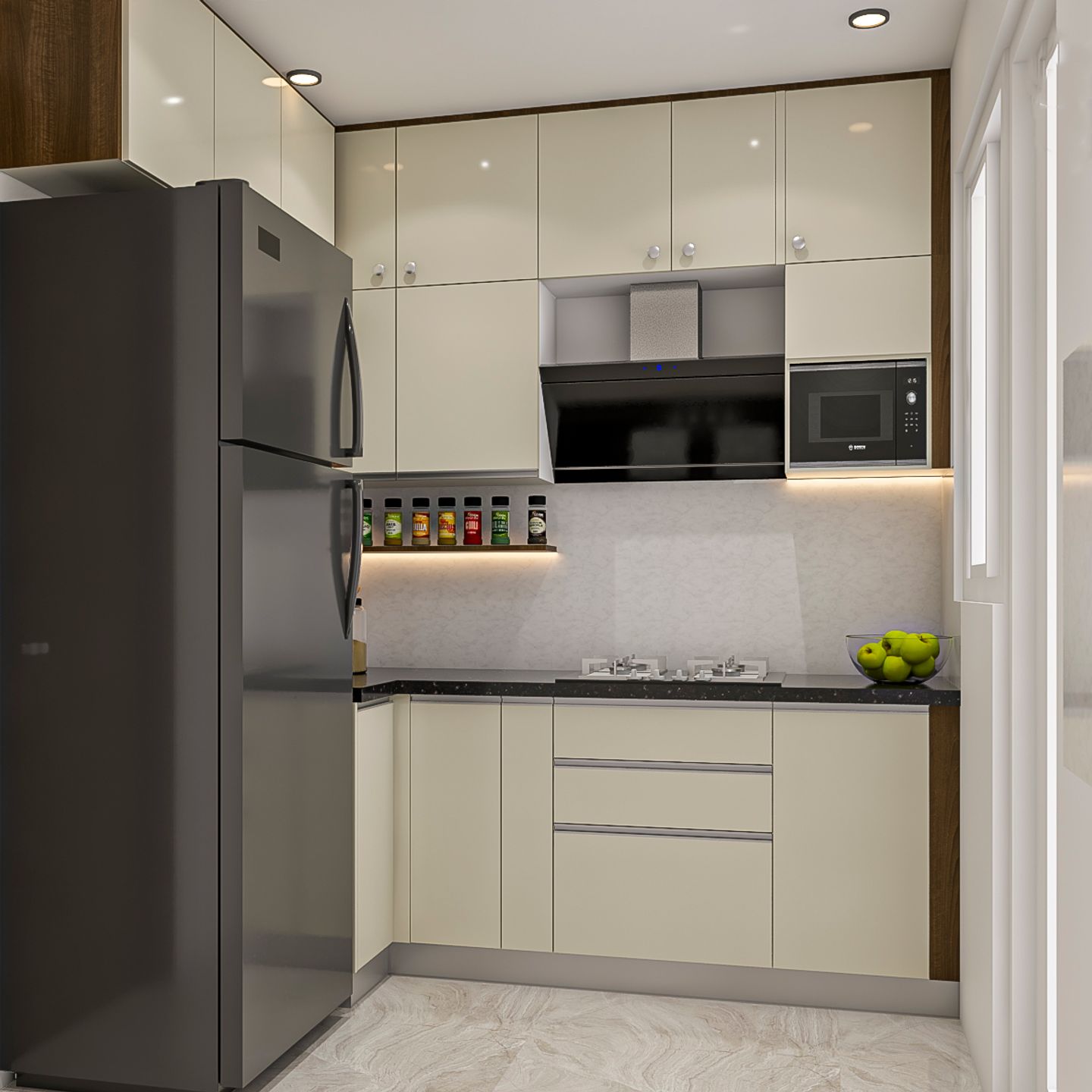 Cream And Wood Glossy L-Shaped Modular Kitchen Design | Livspace