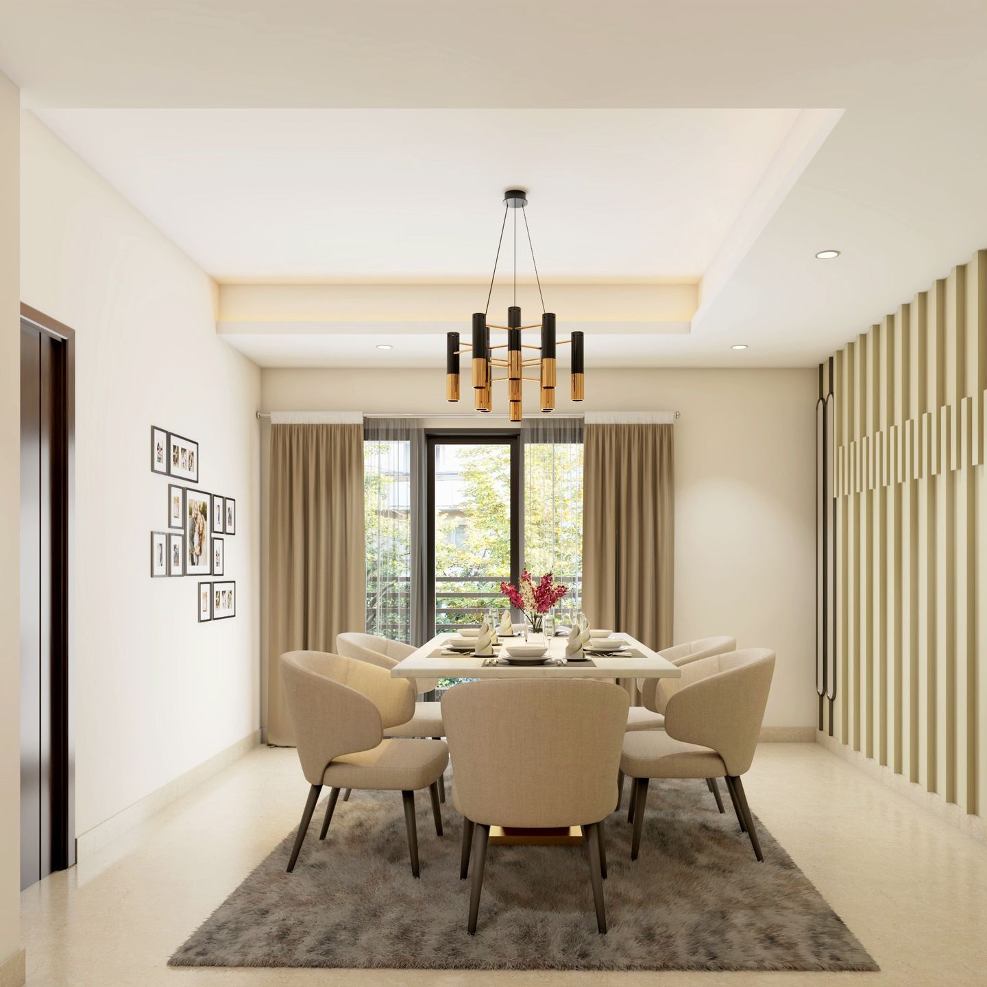 White U-Shaped Peripheral Dining Room False Ceiling Design | Livspace