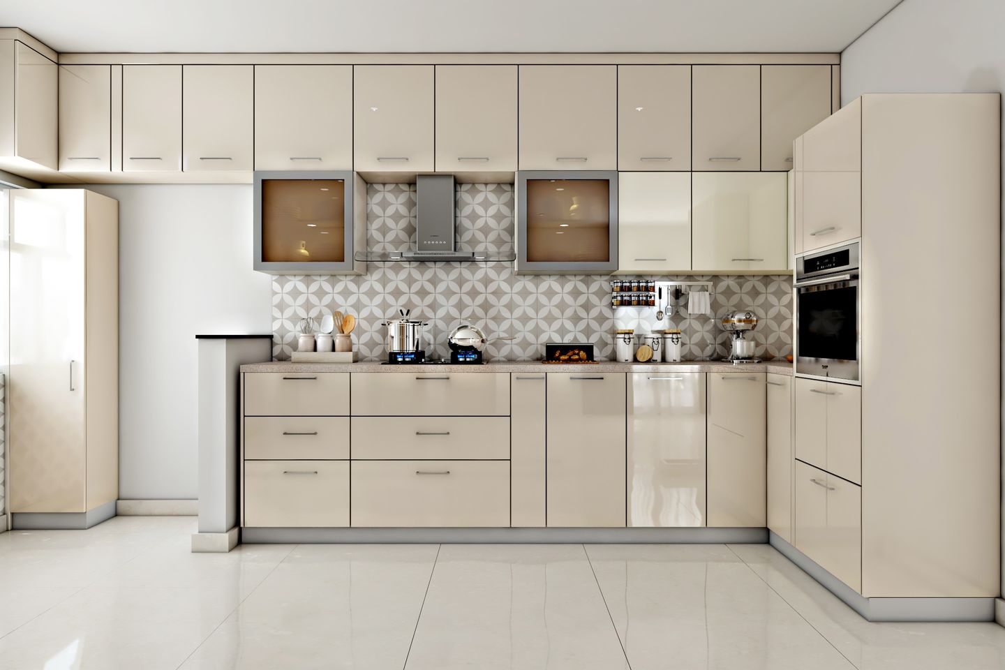 Champagne L-Shaped Modern Modular Kitchen Design With Geometric Brown ...