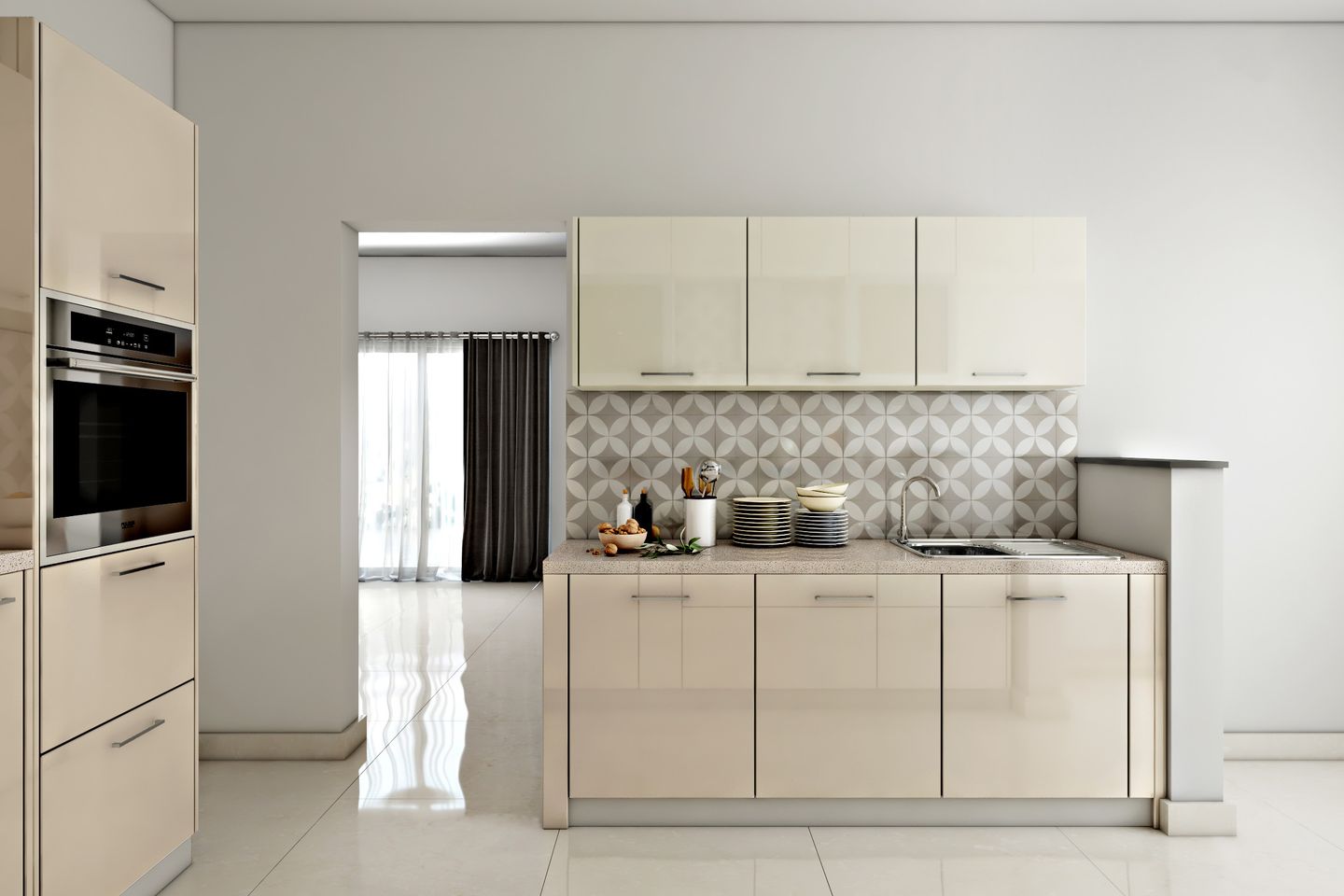 Champagne L-Shaped Modern Modular Kitchen Design With Geometric Brown ...