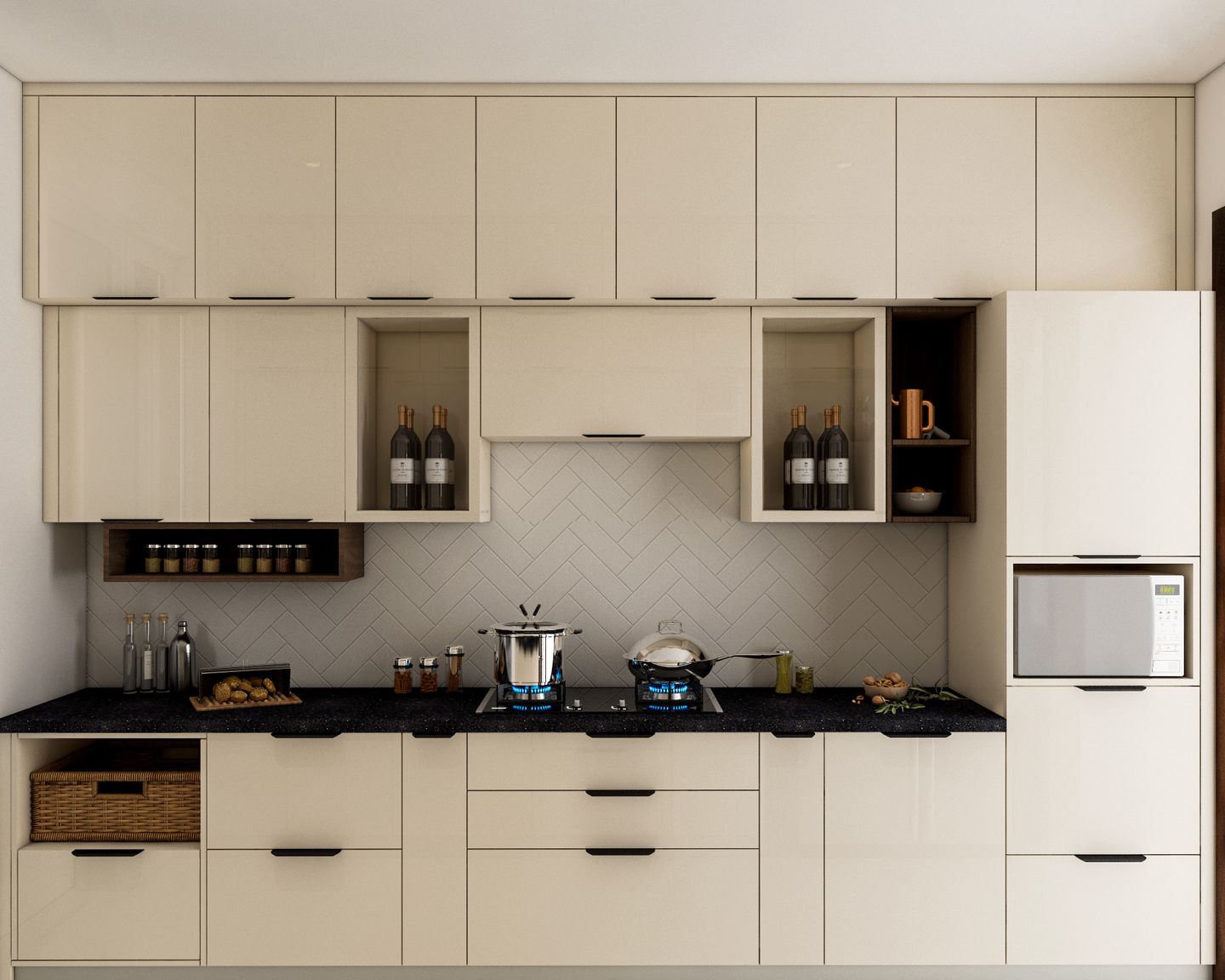 Champagne Modern Parallel Kitchen Design With Granite Countertop | Livspace