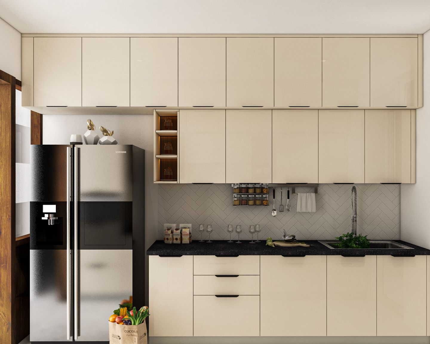 Champagne Modern Parallel Kitchen Design With Granite Countertop | Livspace