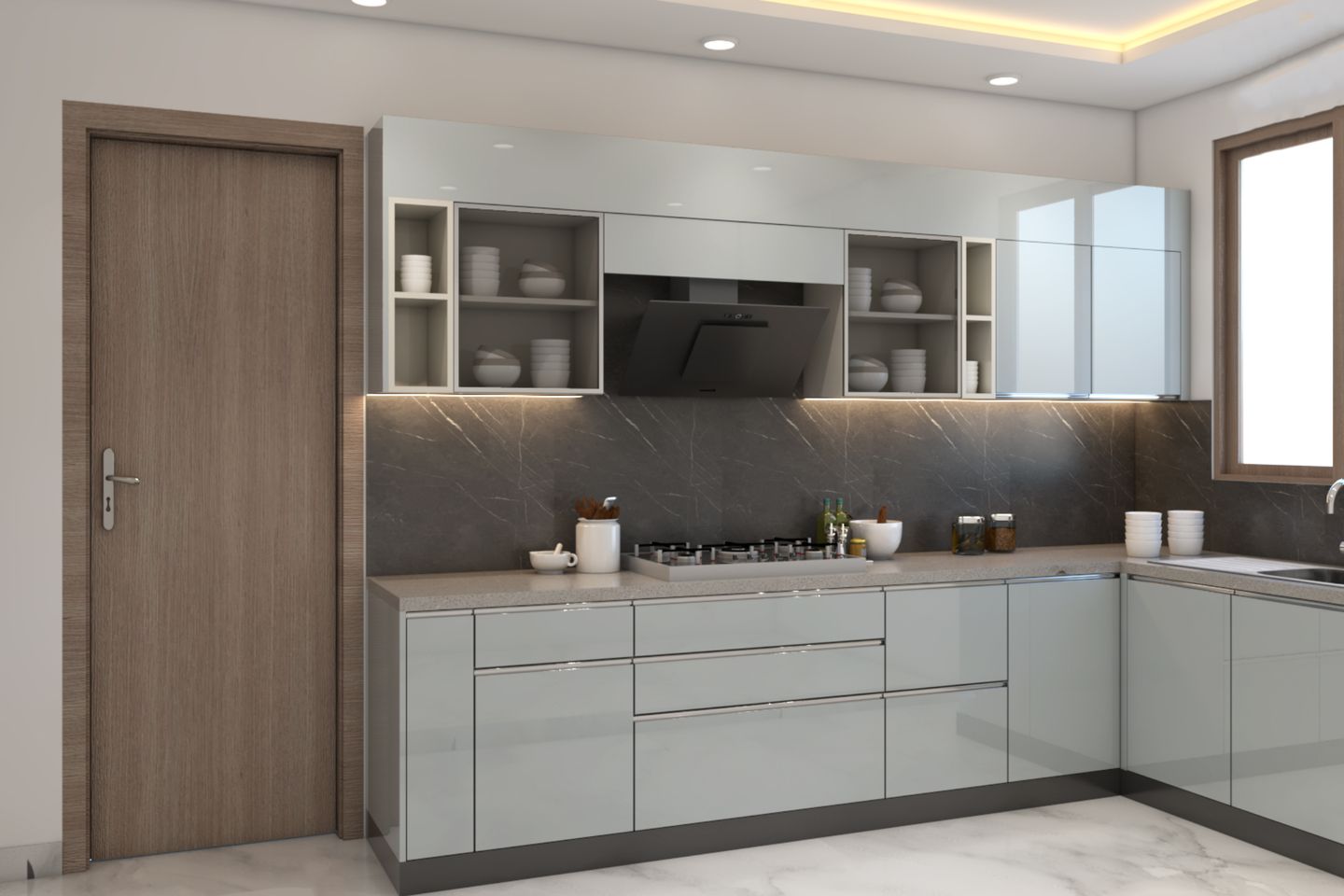 Grey Modular U-Shaped Kitchen Design With Modern Aesthetics | Livspace