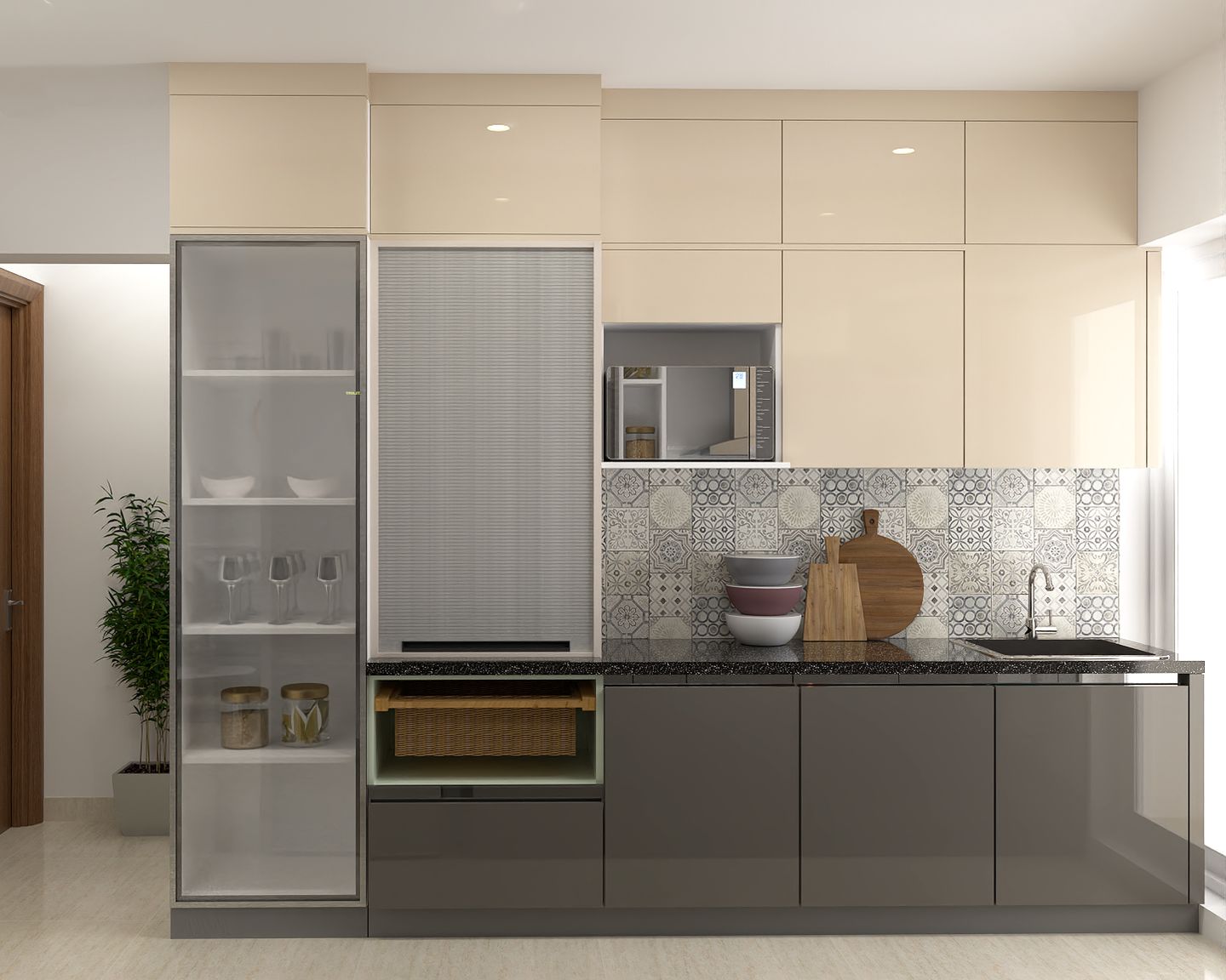 Parallel Kitchen Design With Grey And Champagne-Toned Cabinets And Moroccan Kitchen Backsplash ...