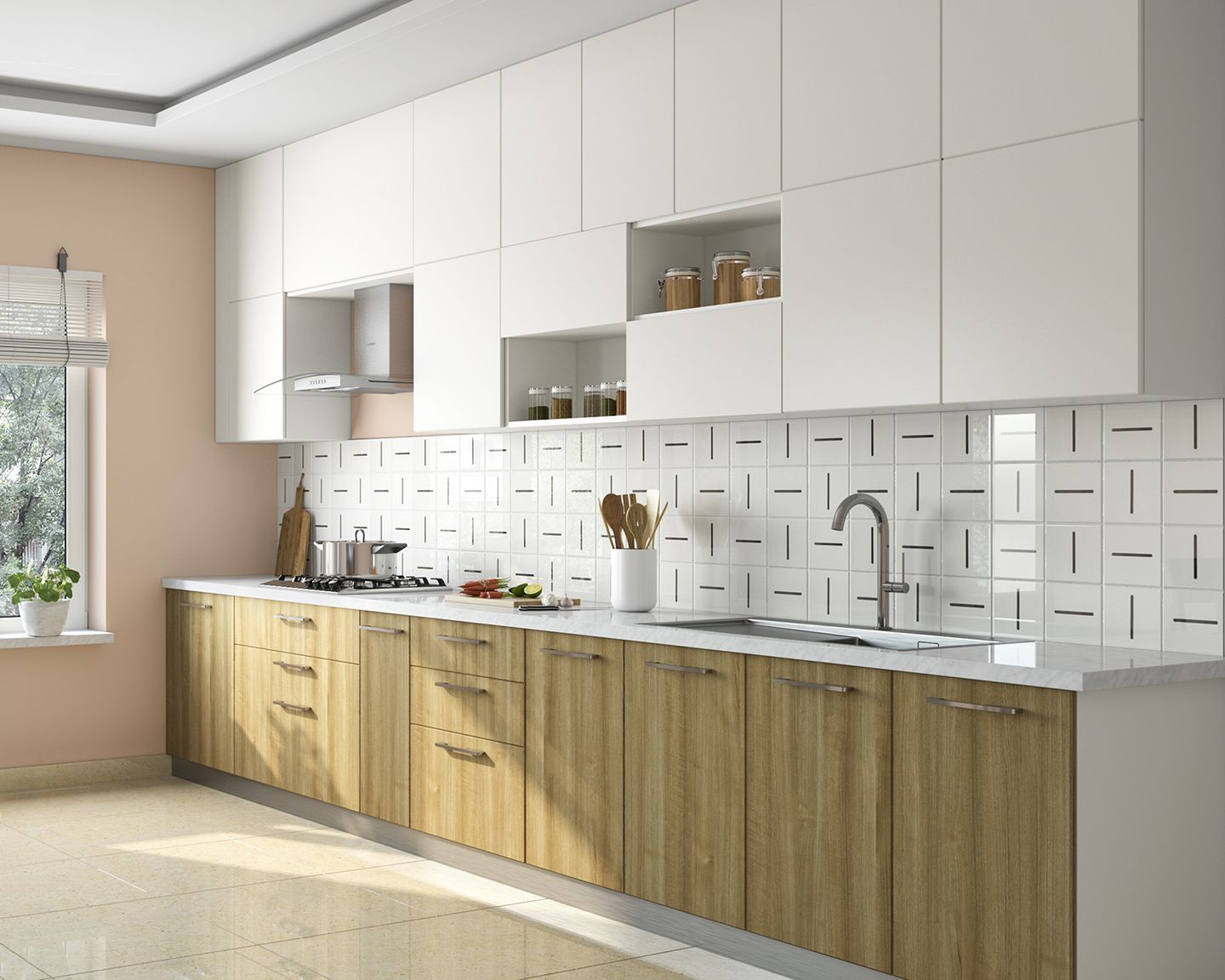 Contemporary Glossy White Ceramic Kitchen Wall Tile Design | Livspace