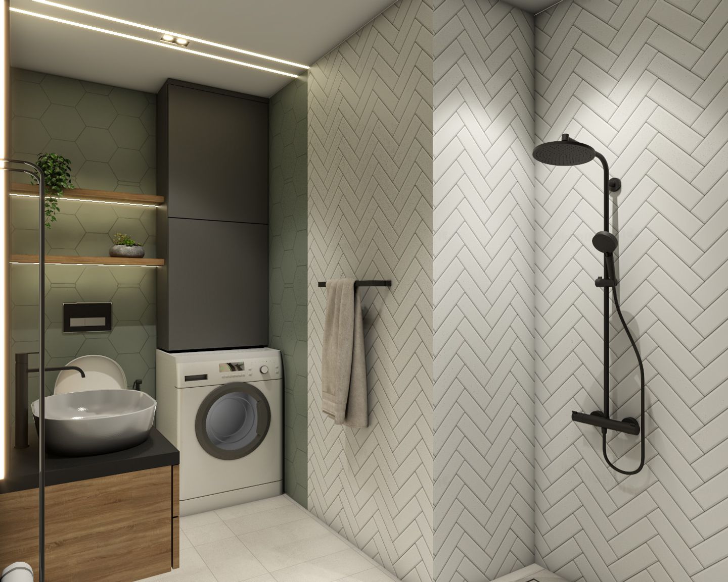 Green Hexagonal And White Herringbone Bathroom Tile Design | Livspace